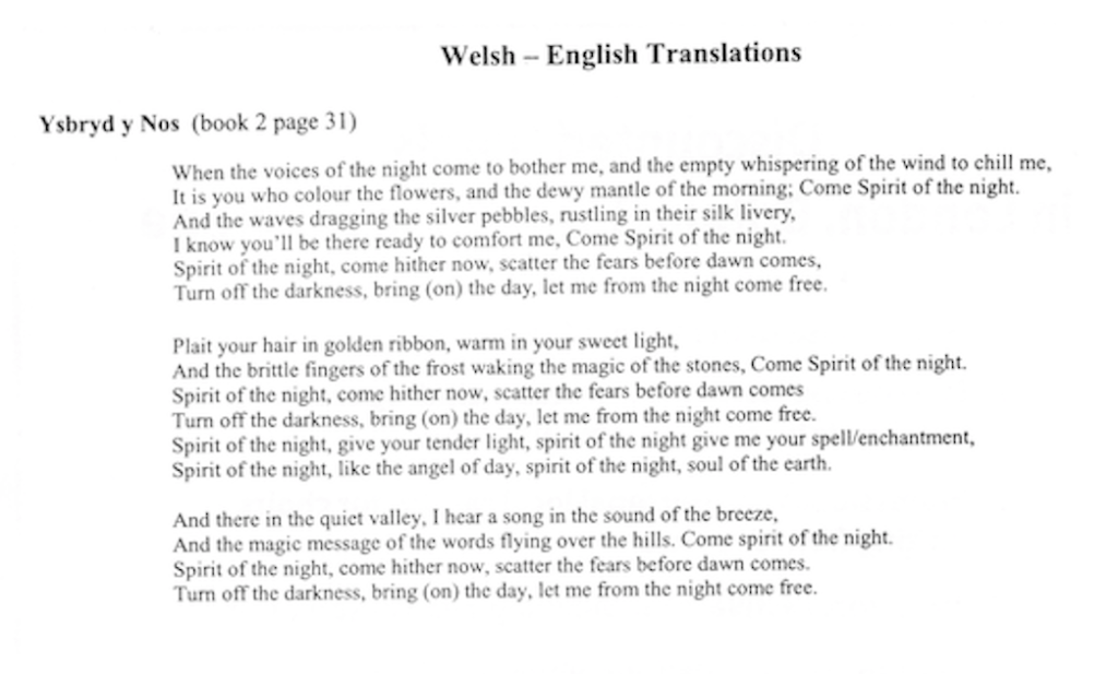 YSBRYD Y NOS – English Translation of the Welsh1 – The Boston ...