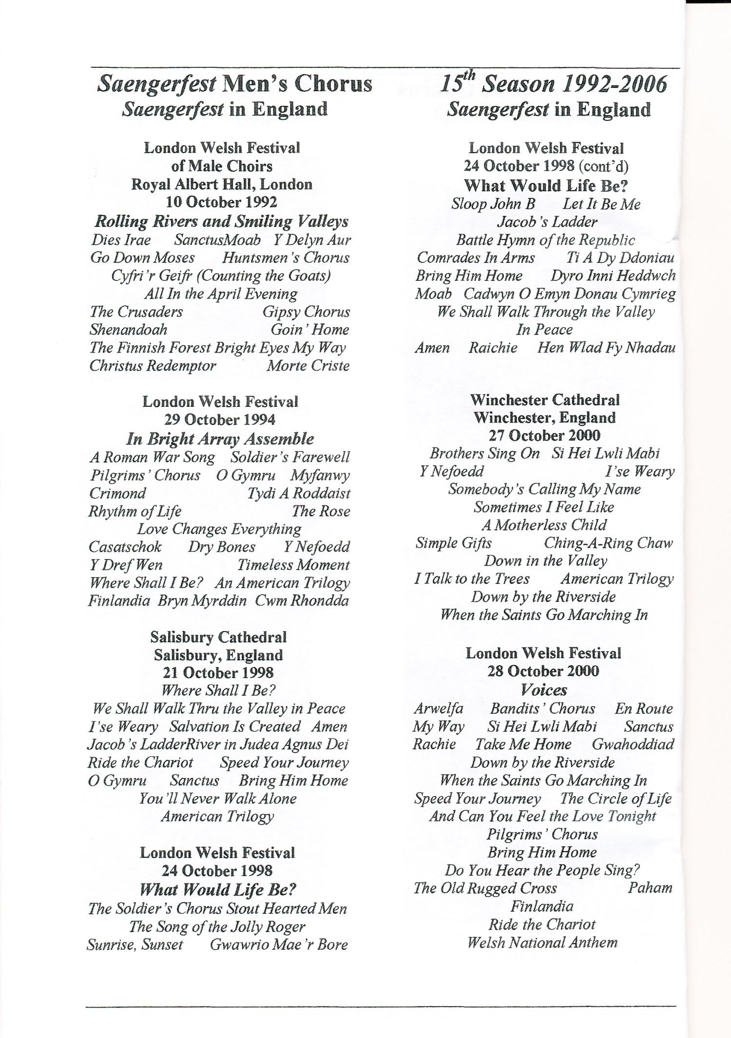 1992-2006 Saengerfest Chorus – list of songs for each year – page 1 ...